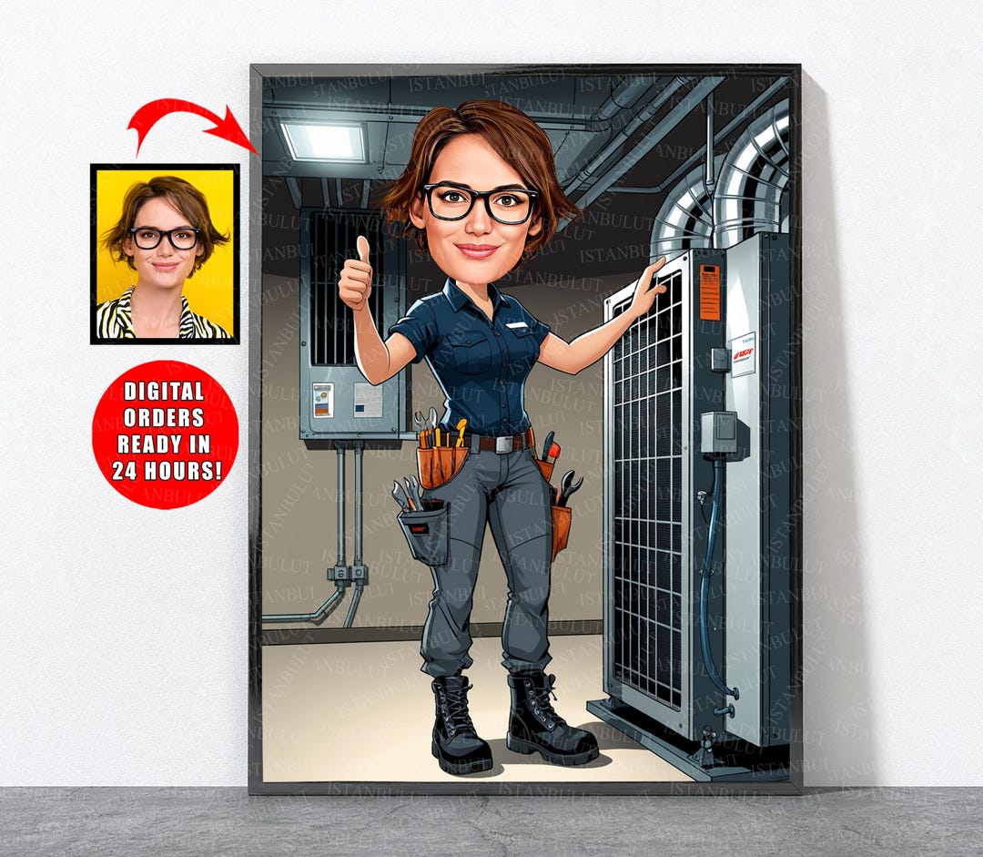 Female HVAC Technician Cartoon Portrait From Photo, HVAC Tech Gift for ...