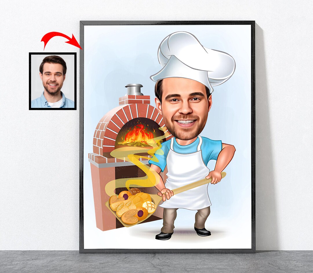 Cartoon Baker Portrait, Baker Bakery Gift for Him Her Men Women Male ...
