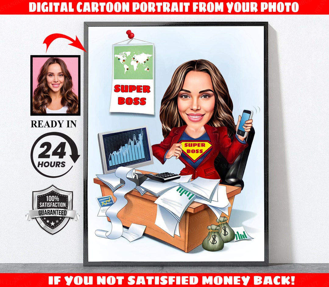 Cartoon Lady Boss Portrait, Boss Day Gift Funny, Bosses Day Gift for ...