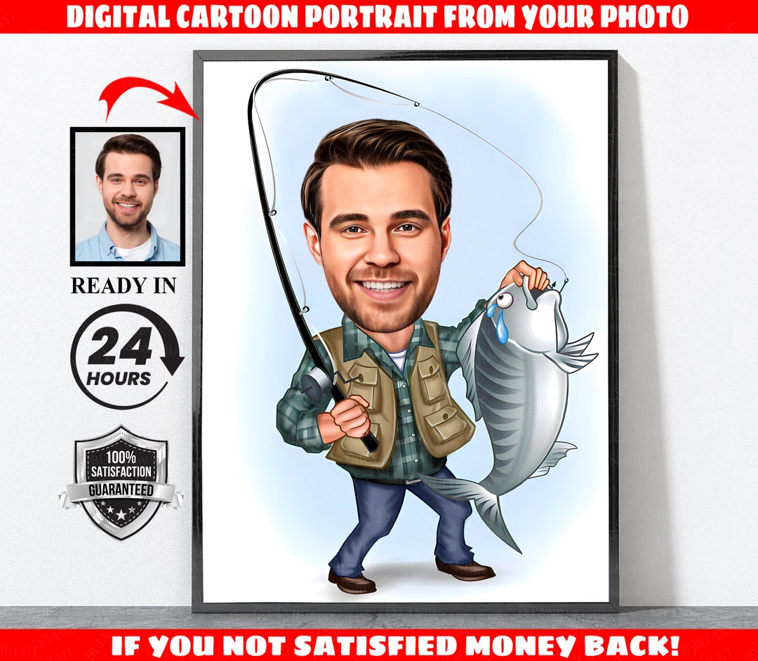 Cartoon Fisherman Portrait, Personalized Fisherman Gift for Men ...