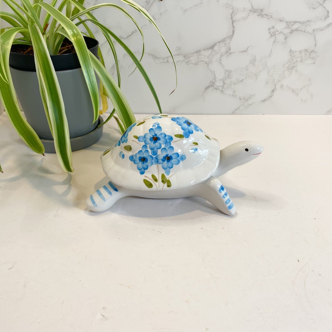 Vintage Portuguese Turtle Trinket Box, Blue and White Floral Trinket ...