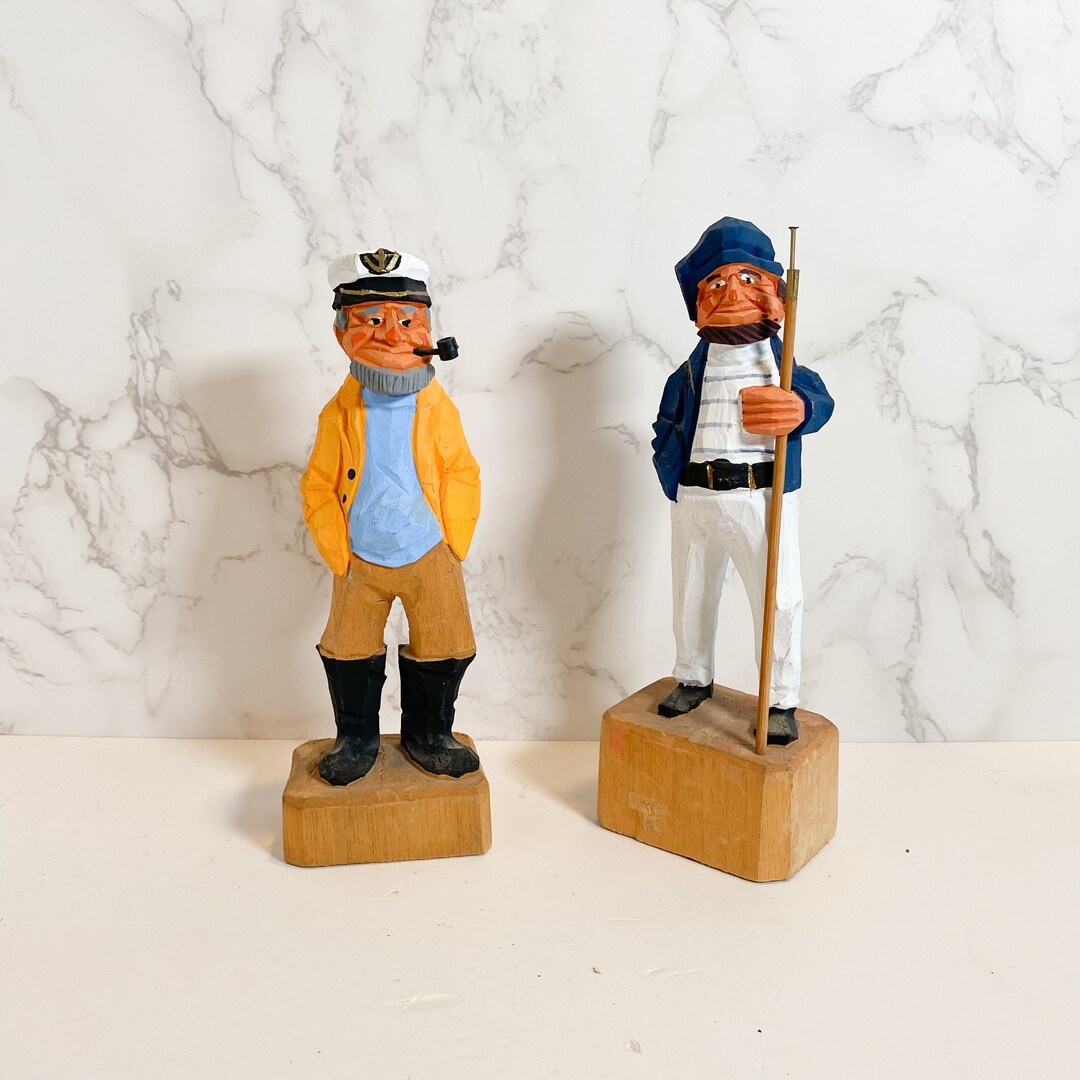 Pair of Vintage Carved Wood Old Salt Figurines Depicting Captain and ...