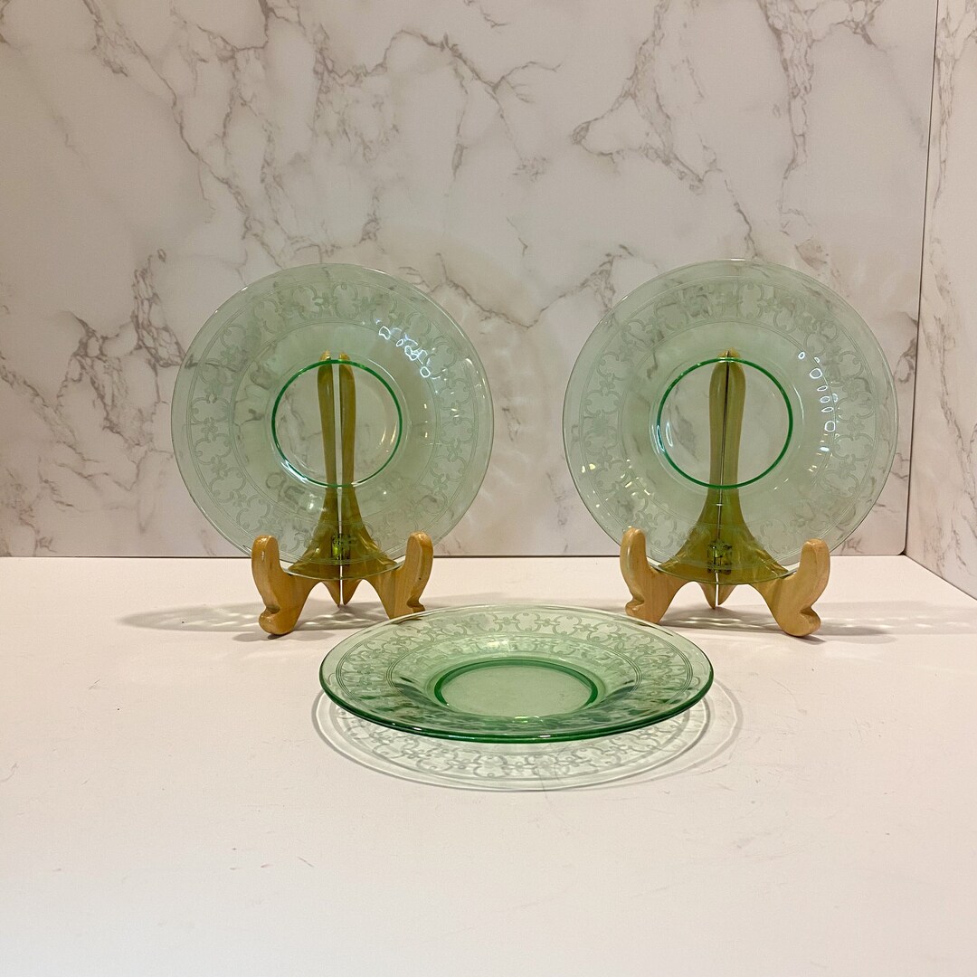 3 Depression Glass Plates, Uranium Glass Dishes, Glowing Dishes, Retro ...
