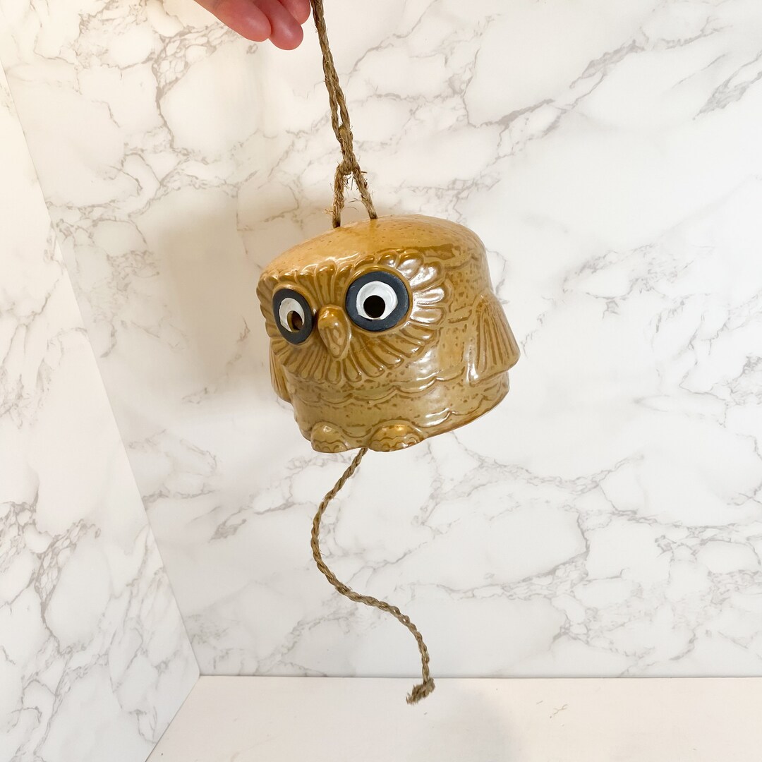 Vintage Ceramic and Wood Wind Owl Chime, Owl Decoration, Patio Owl ...