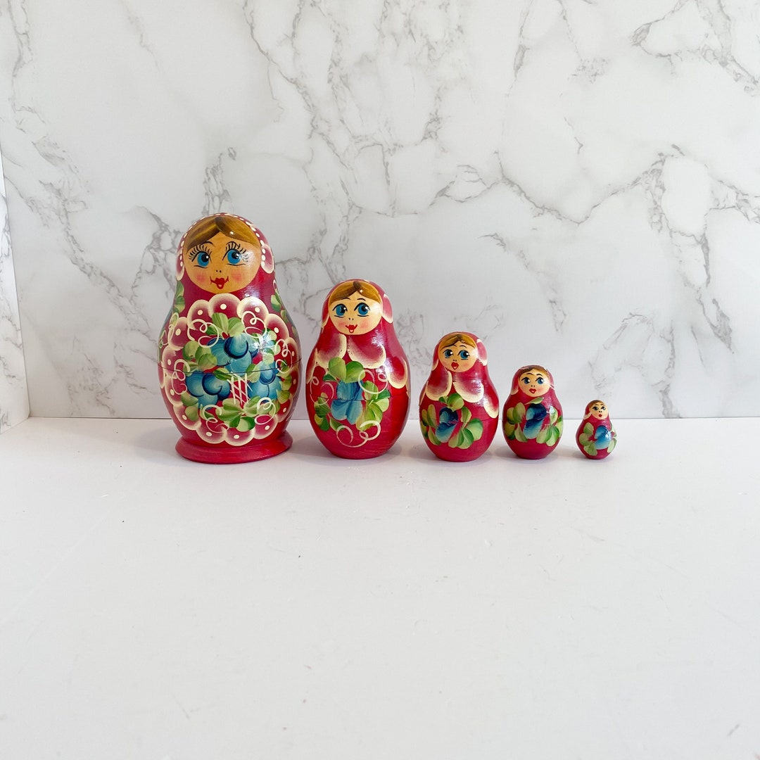 Vintage Nesting Dolls, Vibrantly Hand Painted Pink and Blue Floral ...