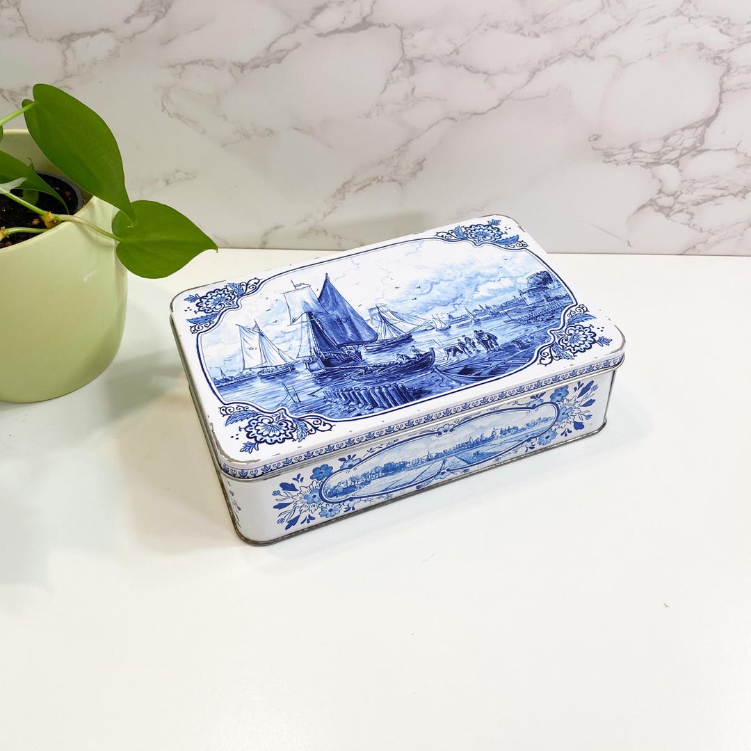 Vintage Dutch Blue and White Nautical Designed Tin, Blue & White Tin ...