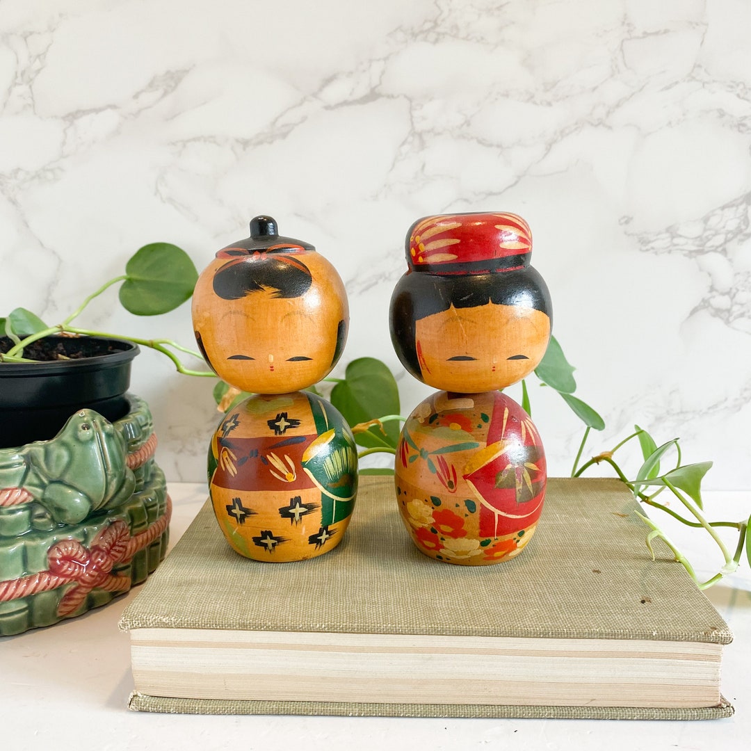 Vintage Kokeshi Doll Couple: Traditional Japanese Wooden Bobble Heads ...