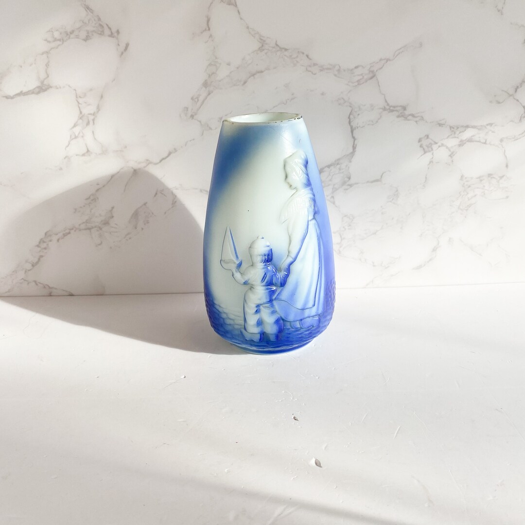 Antique Blue and White Milk Glass Vase, Dutch Glass Vase, Mother and ...