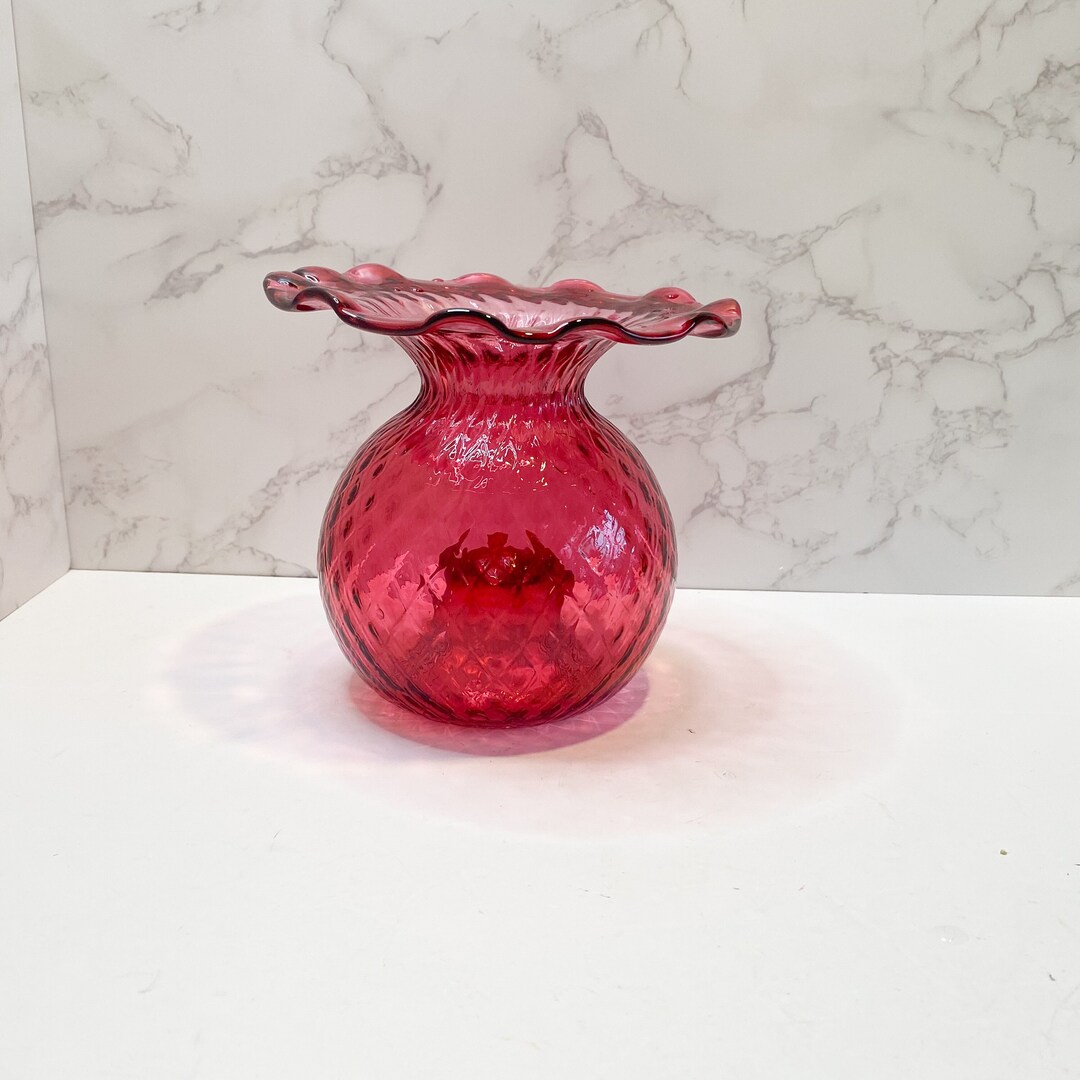 Vintage Rossi Cranberry Glass Vase, Ruffled Edge Vase, Diamond Optic ...