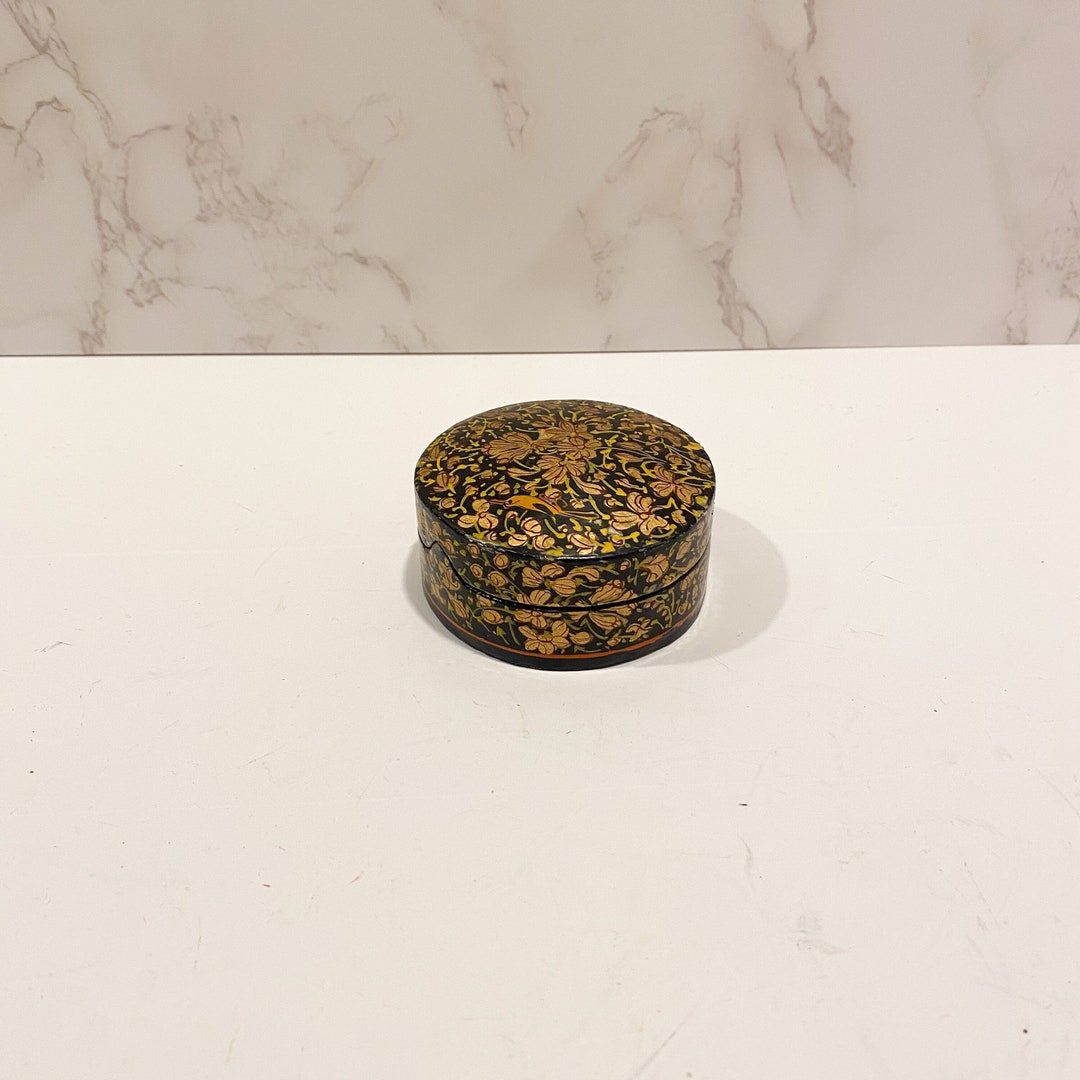 Black and Gold Trinket Box, Paper Mache Jewelry Box, Gold Floral Decor ...