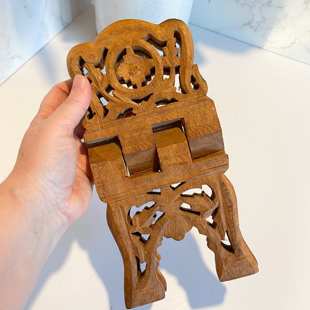 Hand Carved Wood Book Holder, Recipe Book Holder, Library Book Holder ...