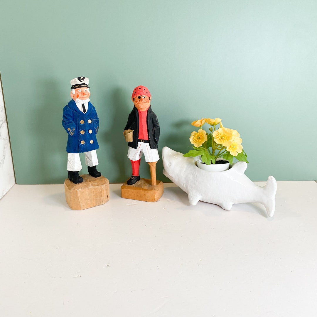 Pair of Vintage Carved Wood Old Salt Figurines Depicting Captain and ...