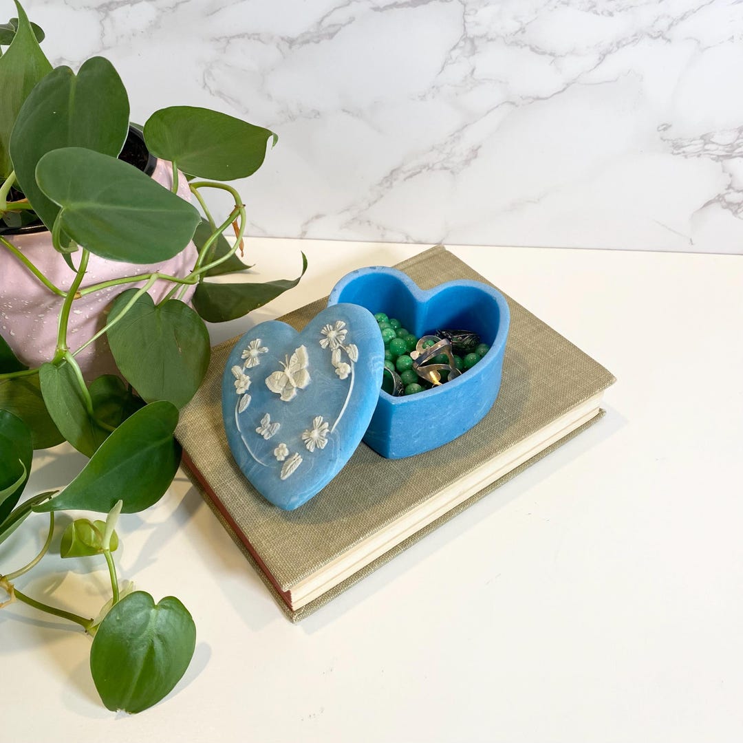 Vintage Blue Resin Incolay Style Jewelry Box With Floral Theme, Blue ...