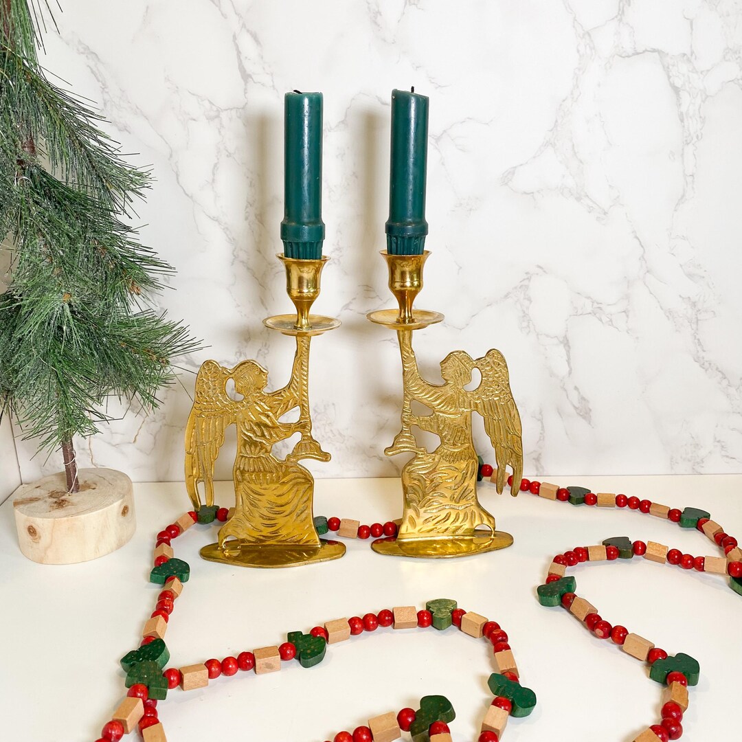 Two Brass Angel Candle Holders, Brass Angels, Holiday Table ...