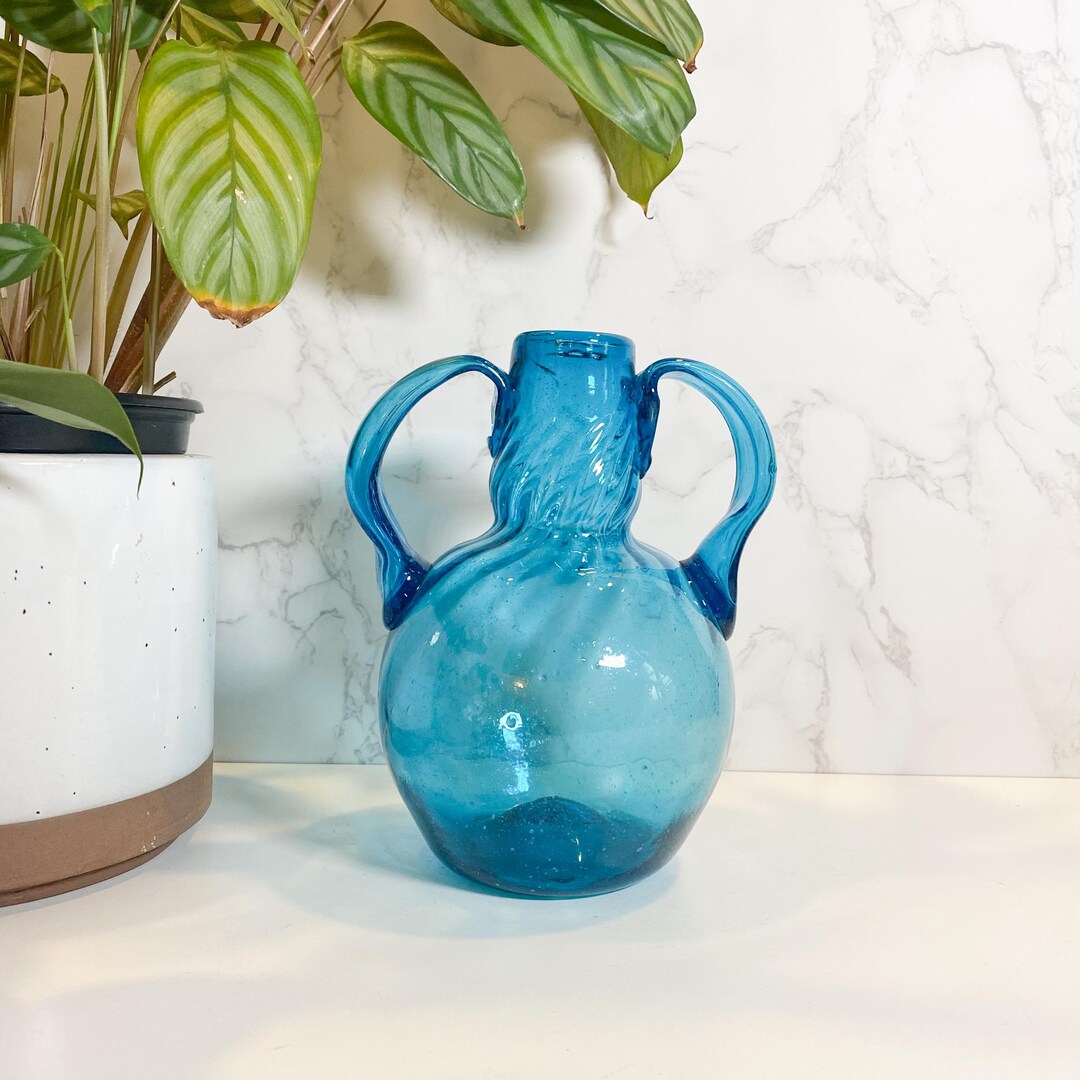 Vintage Double Handled Hand Blown Cerulean Blue Glass Vase, Blue Vase ...