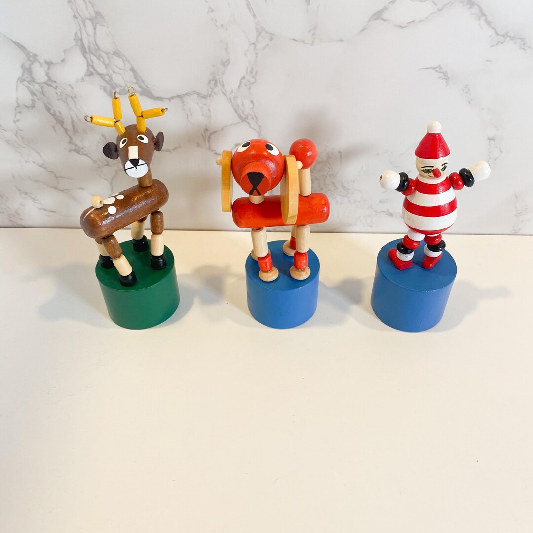 Three Vintage Thumb Push Collapsible Wood Toys of a Reindeer Dog and ...