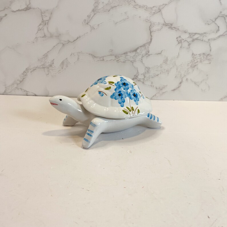 Vintage Portuguese Turtle Trinket Box, Blue and White Floral Trinket ...