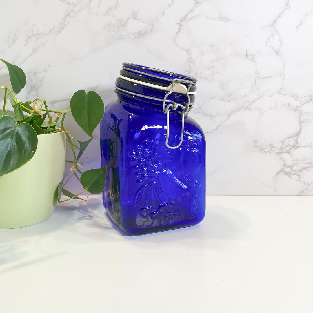 Cobalt Blue Glass Container With Embossed Fruit Design & Wire Bail ...
