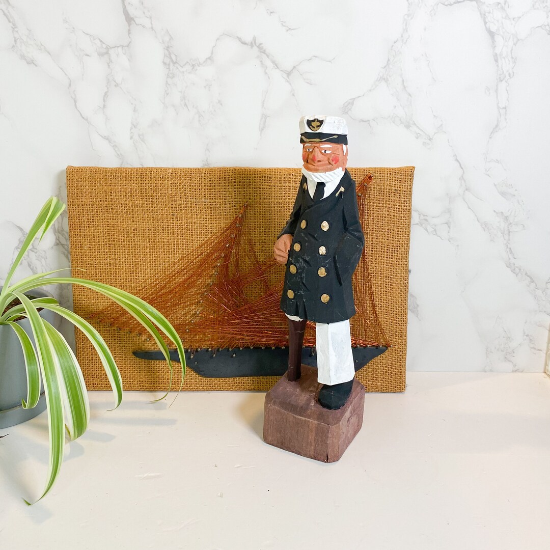 Vintage Hand Carved Wood Sea Captain Figurine: Nautical Coastal Decor ...