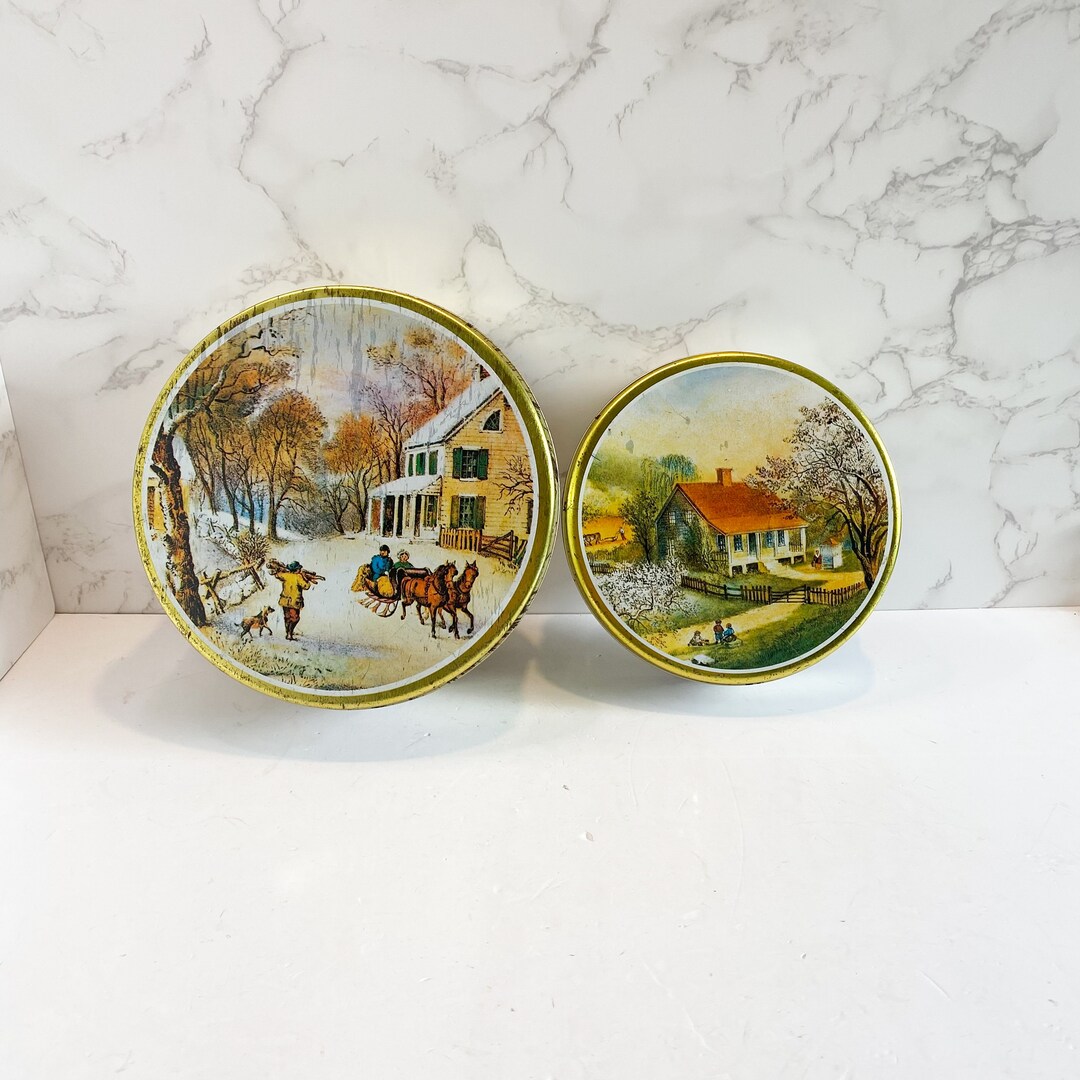 Two Vintage Collectible Tins Featuring a Horse and Sleigh on Snowy Day ...