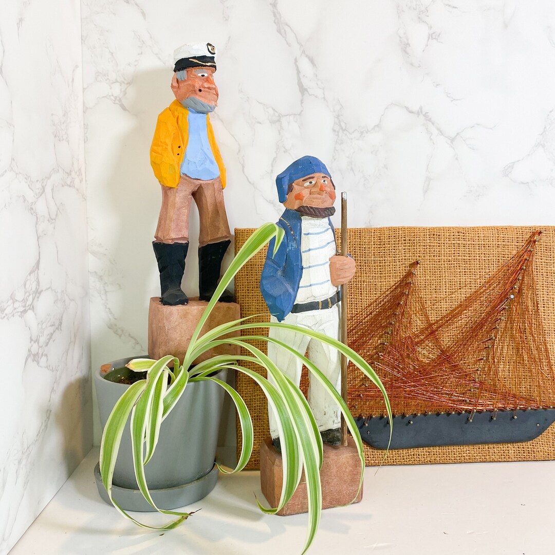Vintage Carved Wood Old Salt Figurines: Captain & First Mate Nautical ...