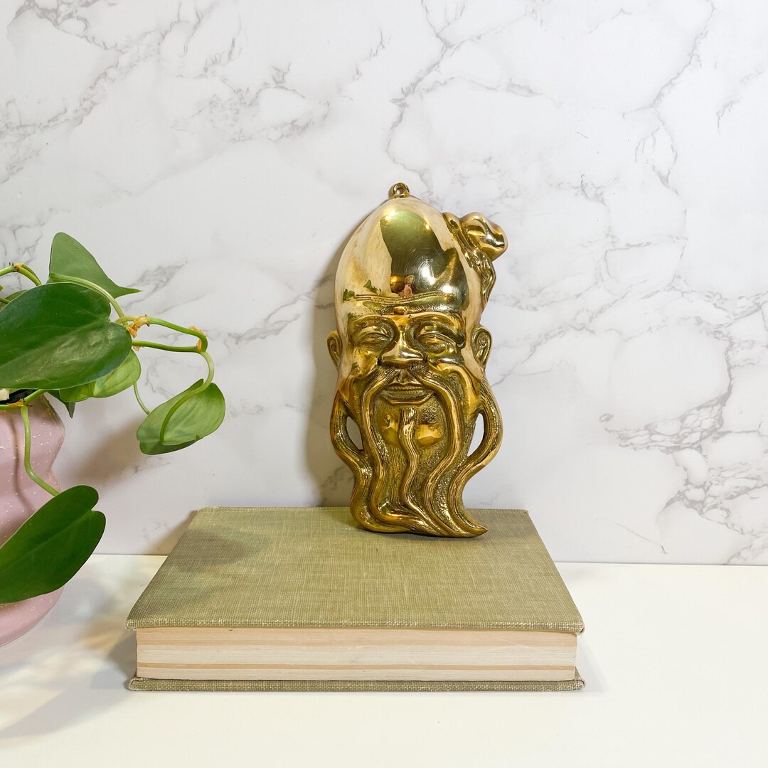Smiling Brass Head Wall Decor, Vintage Brass Confucius Head, Vintage ...
