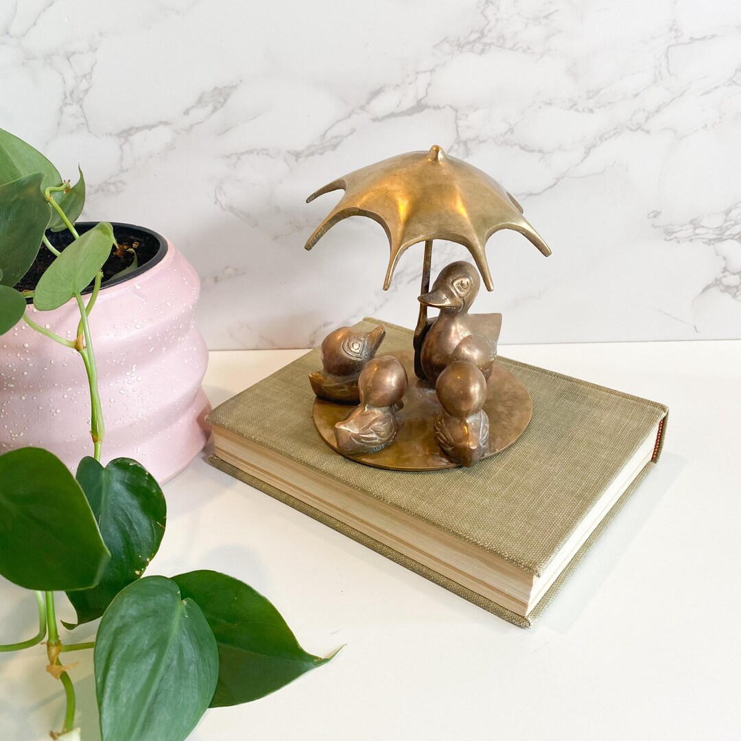 Mama and 3 Baby Ducks Under an Umbrella, Vintage Brass & Copper Duck ...