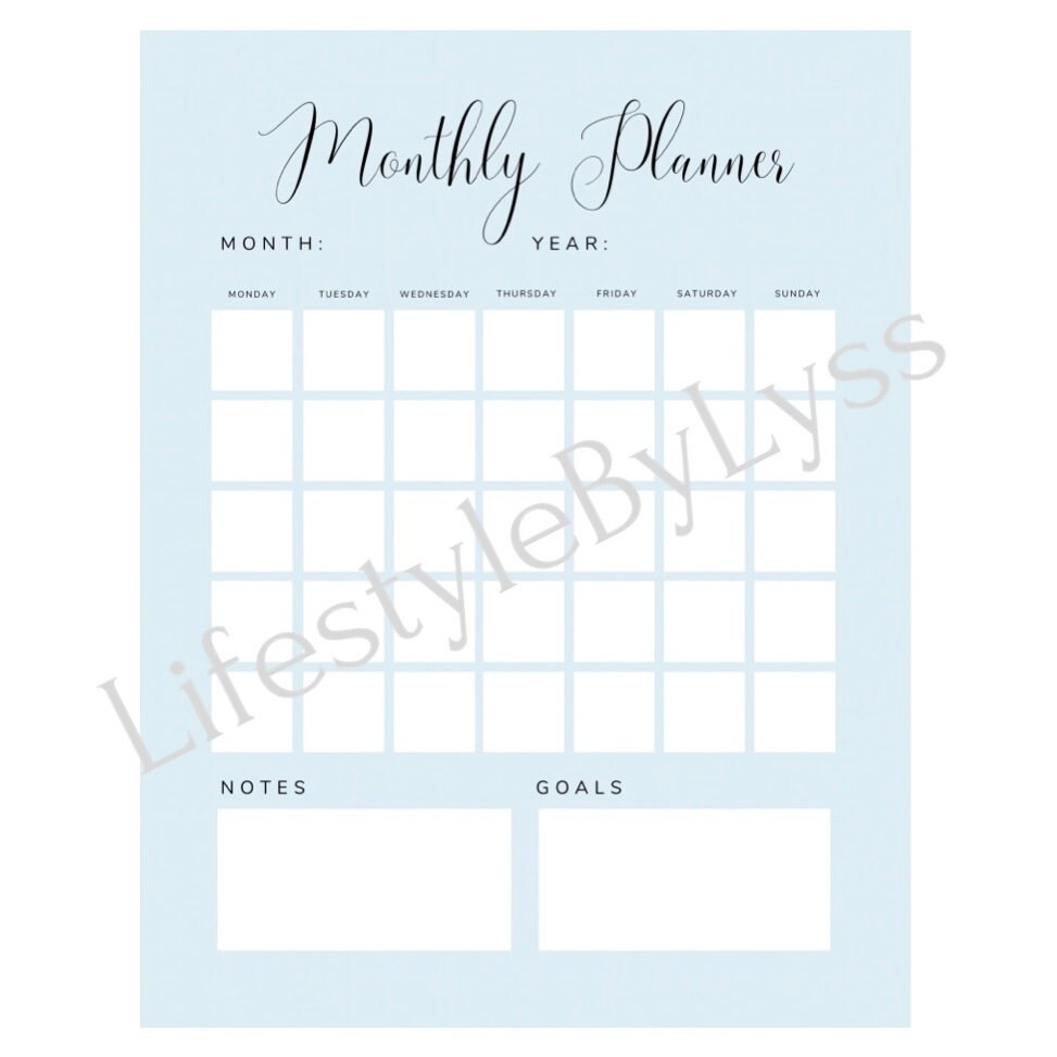 Printable Monthly Planner Calendar Light Blue - Etsy