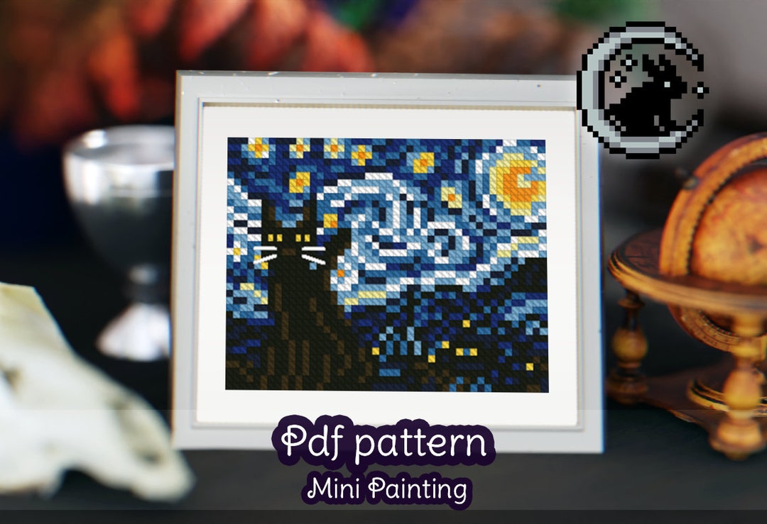 Mini Starry Night Cat Cross Stitch Pattern - Small Paintings Art ...