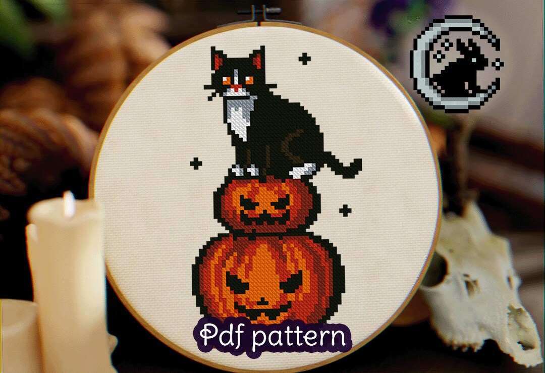 Tuxedo Cat Cross Stitch Pattern - Halloween Pumpkins - PDF Download - Etsy