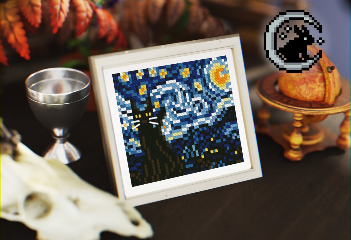 Mini Starry Night Cat Cross Stitch Pattern - Small Paintings Art ...