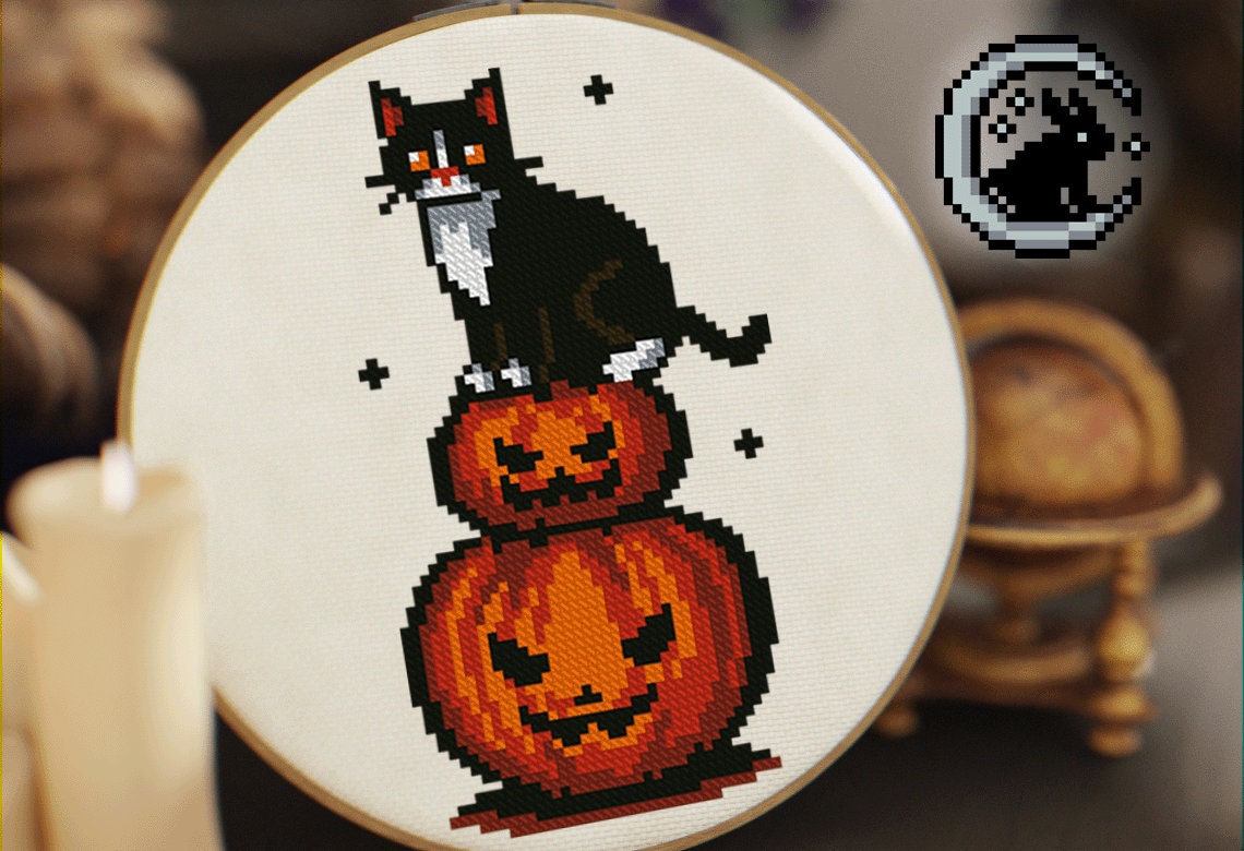 Tuxedo Cat Cross Stitch Pattern Halloween Pumpkins PDF - Etsy