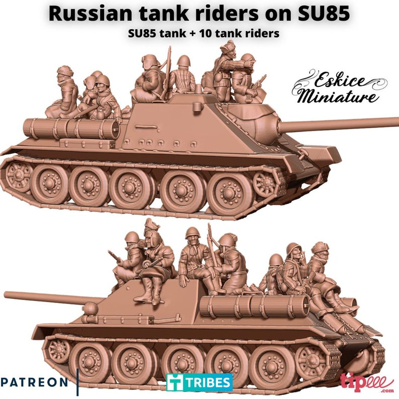 Soviet SU85 Tank & 10 Riders, Eskice Miniatures, WW2, 15mm, 20mm, 28mm ...