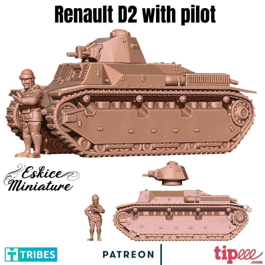 WW2 French Renault D2 Tank, Eskice Miniatures, 15mm, 20mm, 28mm, 54mm ...