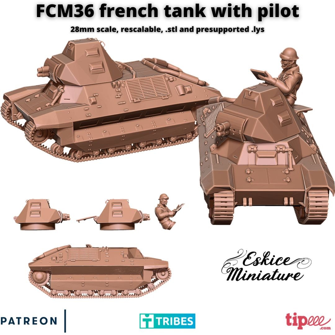 WW2 French FCM36 Tank & Pilot, Eskice Miniatures, 15mm, 20mm, 28mm ...