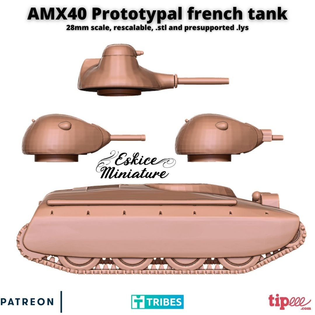 French AMX40 Prototype Tank, Eskice Miniatures, WW2, 15mm, 20mm, 28mm ...