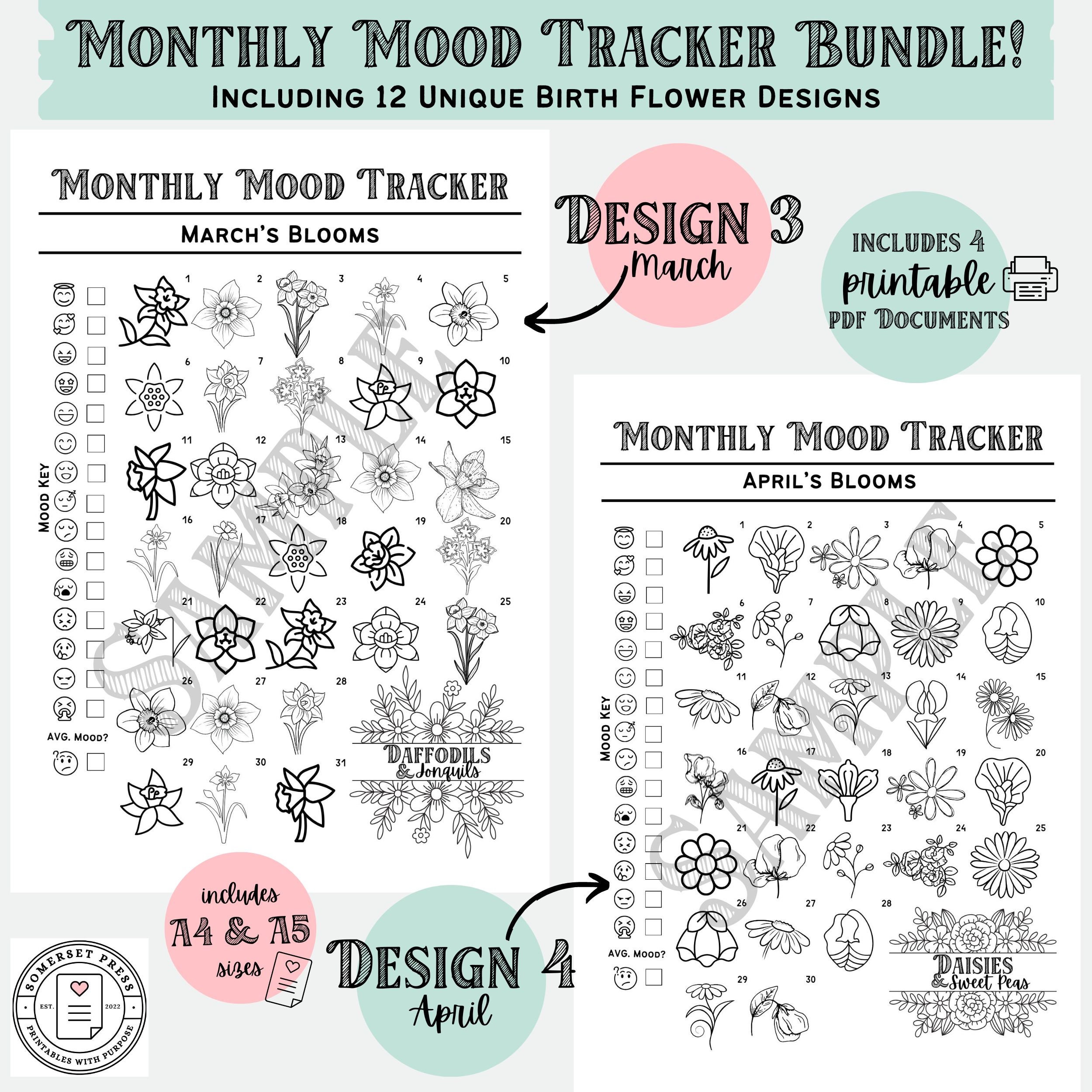 Birth Flower Monthly Mood Tracker Printable Bujo Feelings Chart Undated ...