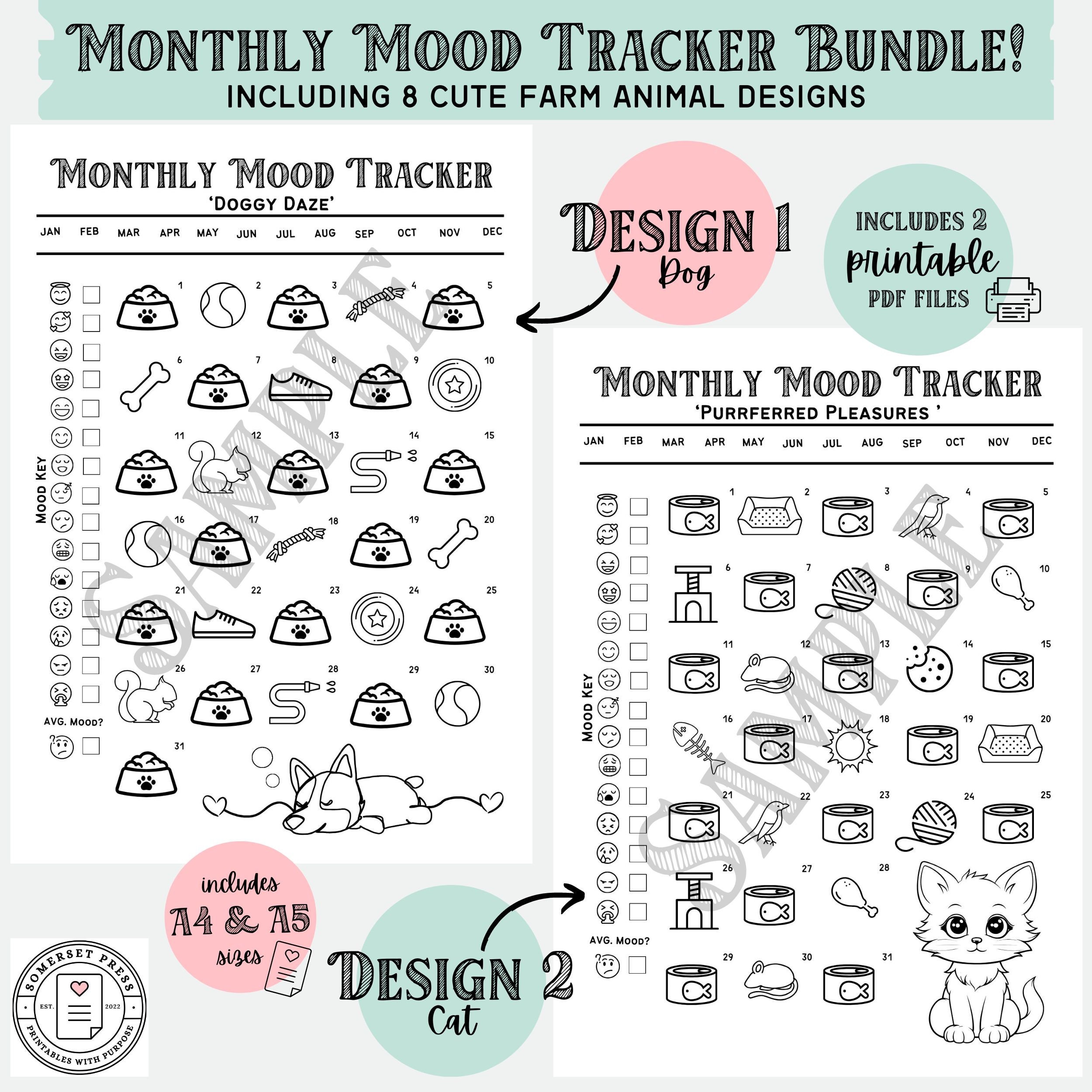 Cute Monthly Mood Tracker Printable Bujo Feelings Chart Undated Planner ...