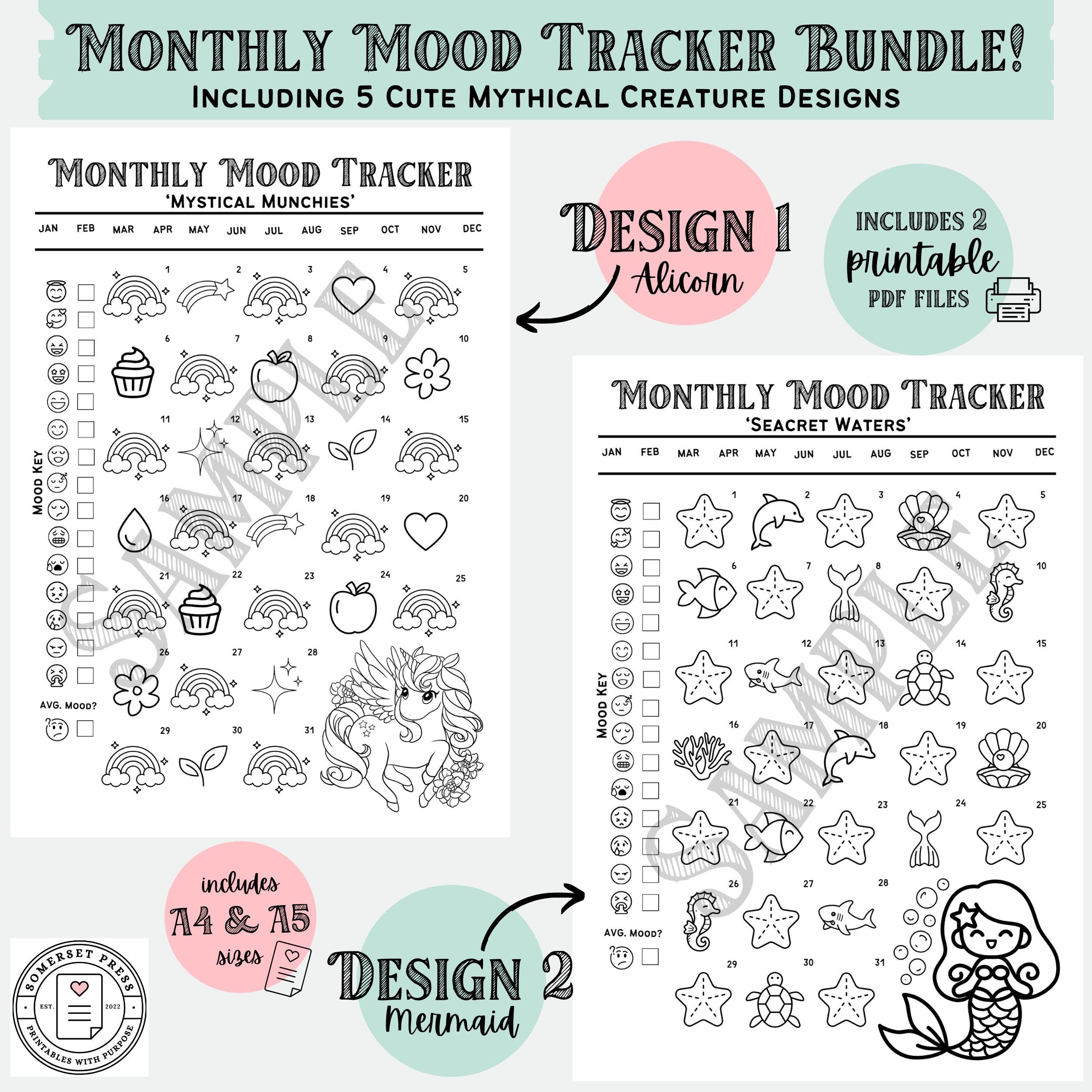 Cute Monthly Mood Tracker Printable Bujo Feelings Chart Undated Planner ...