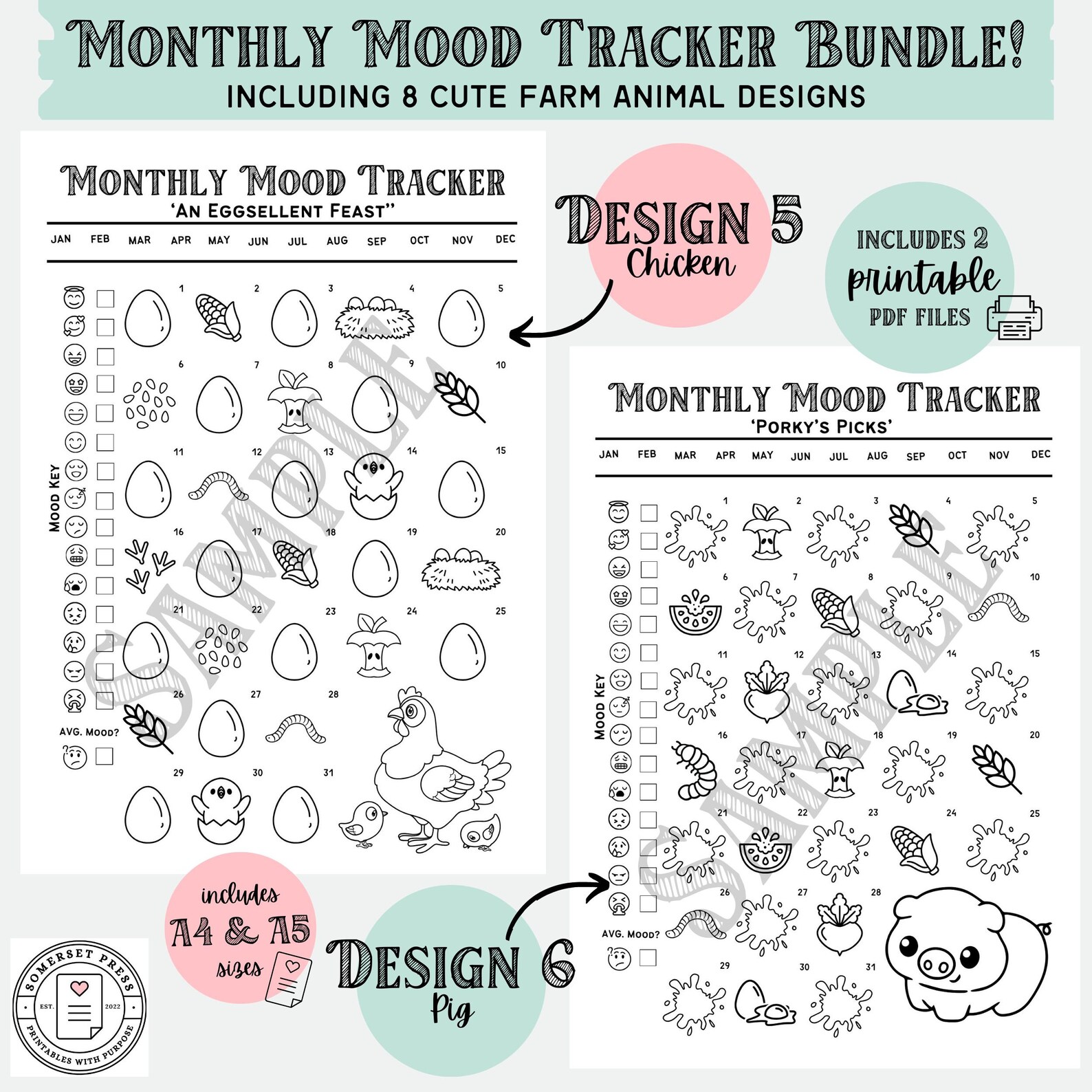Cute Monthly Mood Tracker Printable Bujo Feelings Chart Undated Planner ...