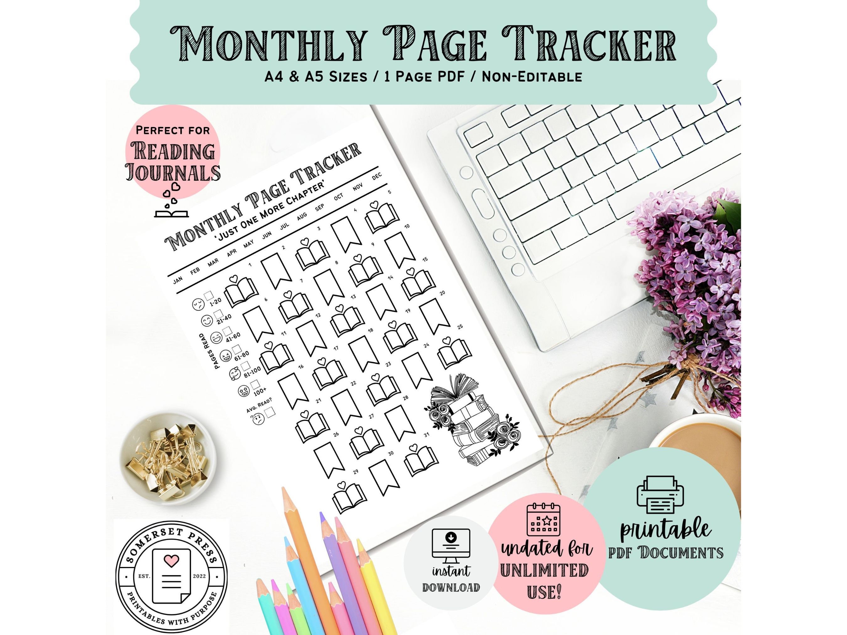 Monthly Page Tracker Printable Reading Journal Habit Tracker Book Log ...