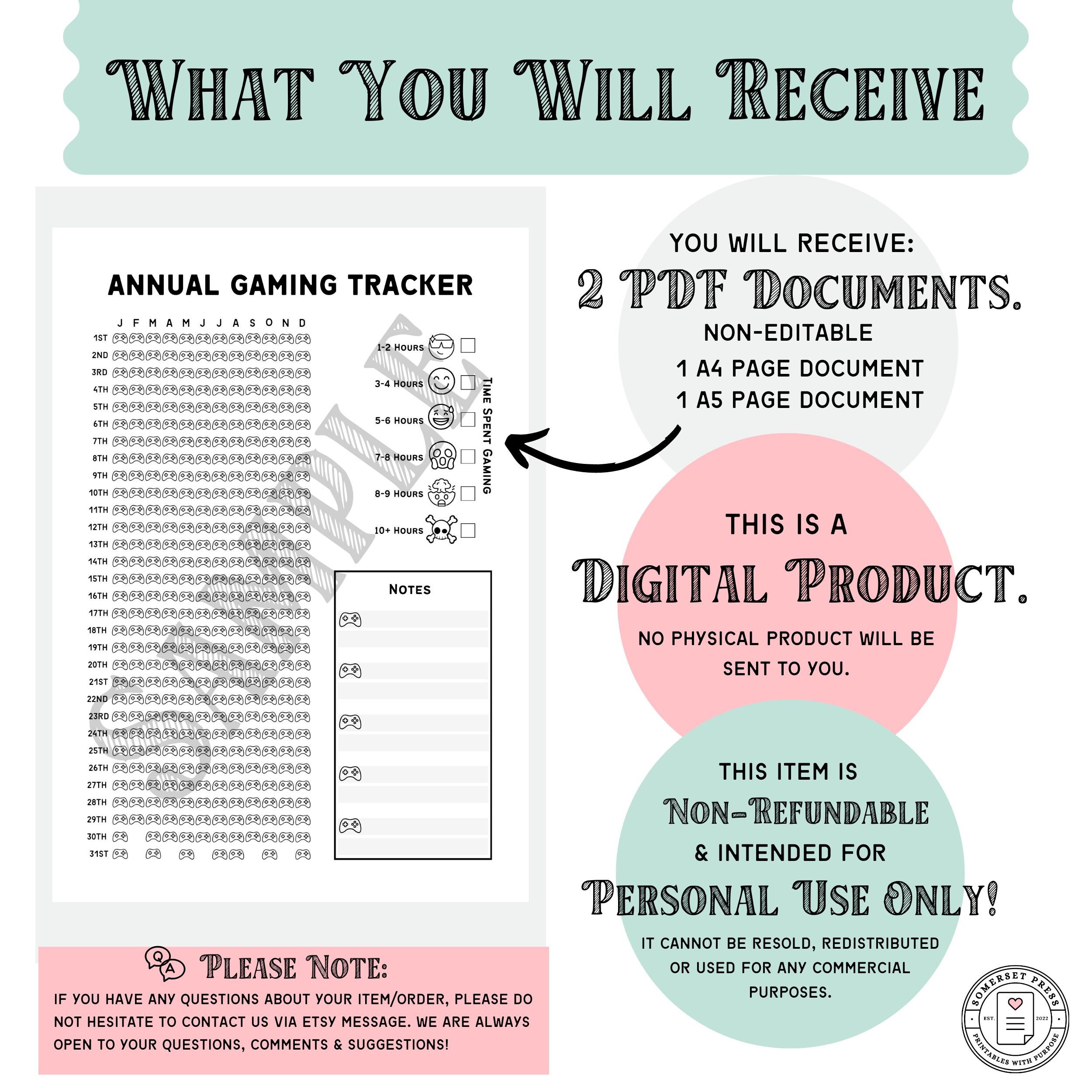 Annual Gaming Tracker Video Game Habit Tracker Printable Planner Yearly ...