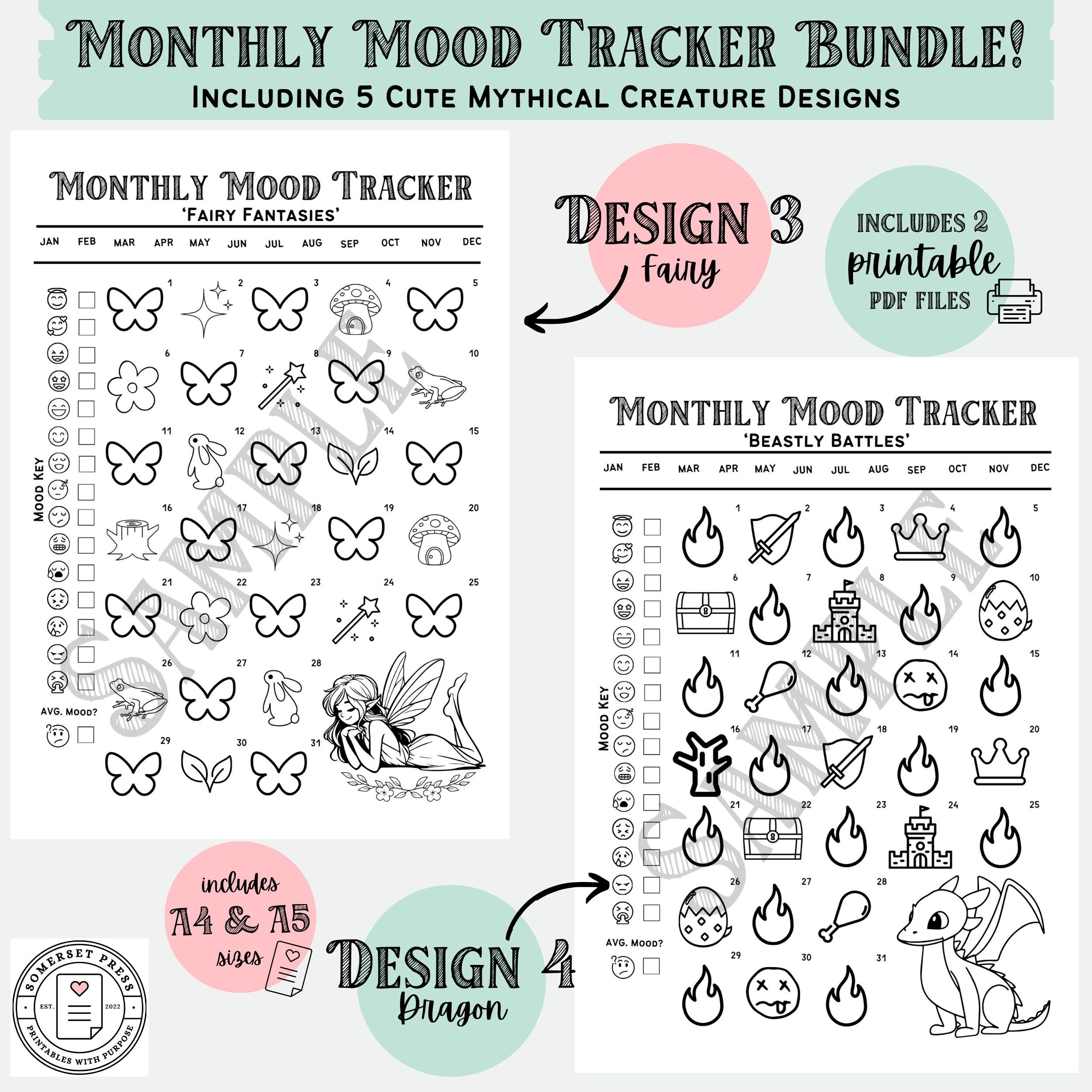 Cute Monthly Mood Tracker Printable Bujo Feelings Chart Undated Planner ...