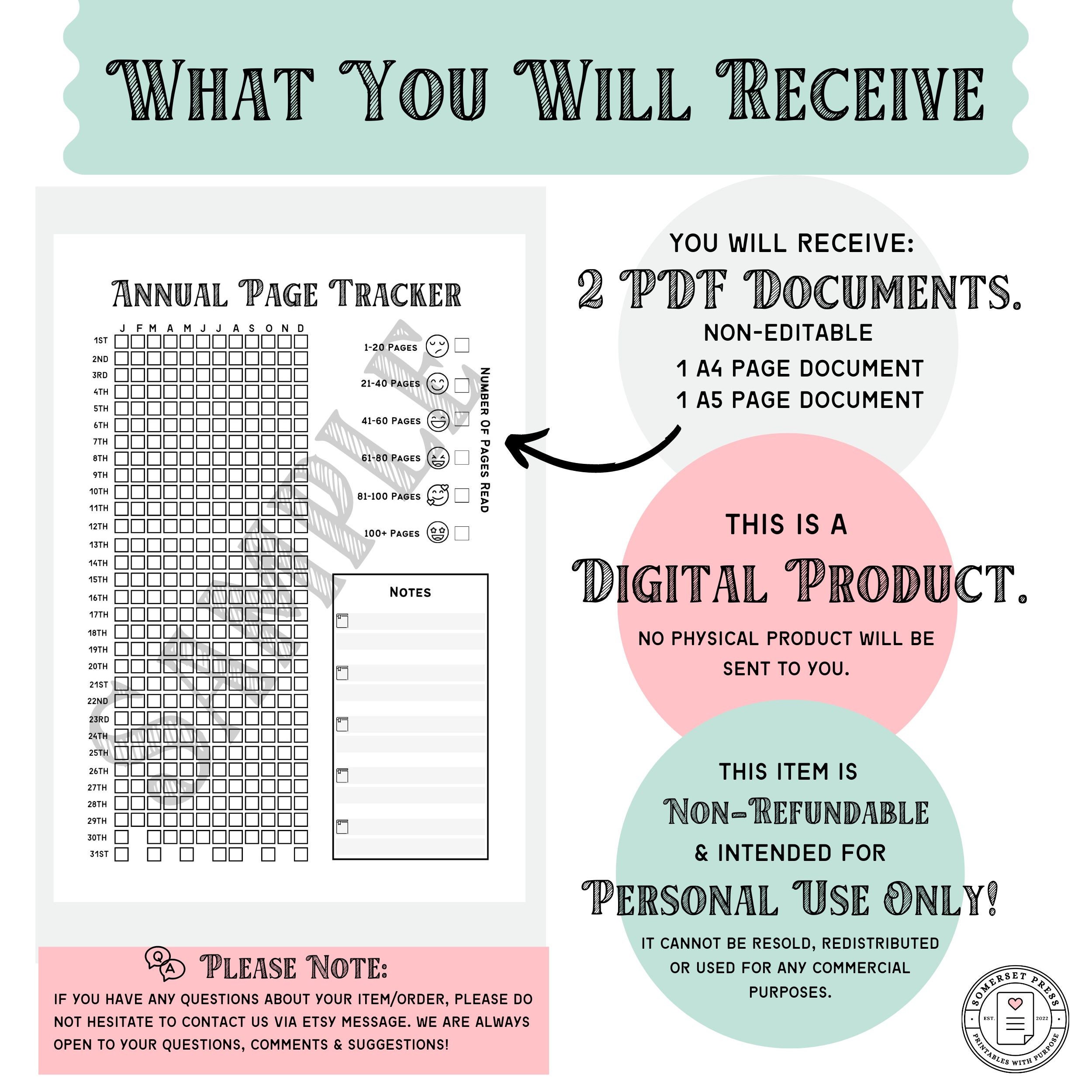 Annual Page Tracker Printable Reading Journal Habit Tracker Book Log ...