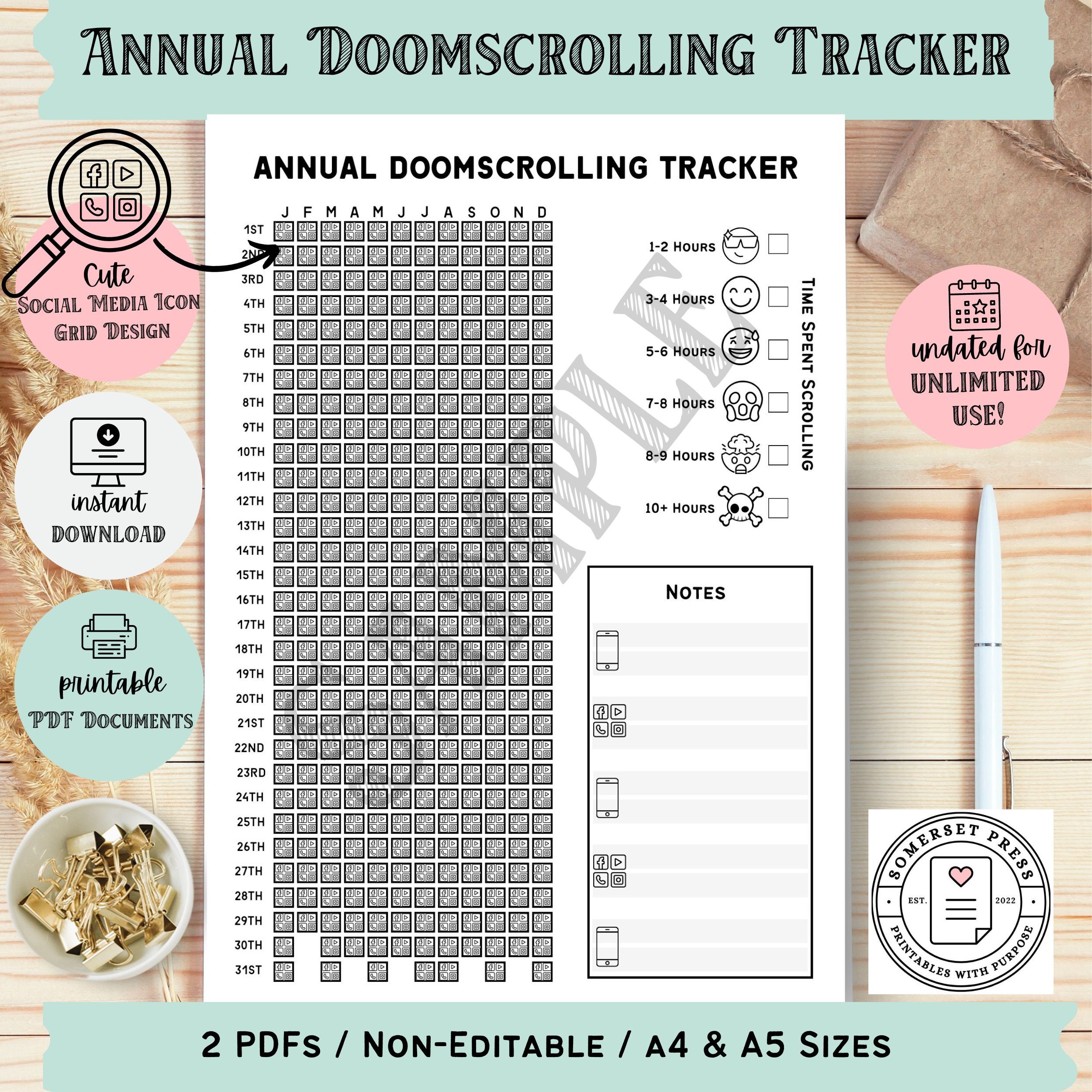 Scrolling Habit Tracker Screen Time Checklist Printable Planner Yearly ...