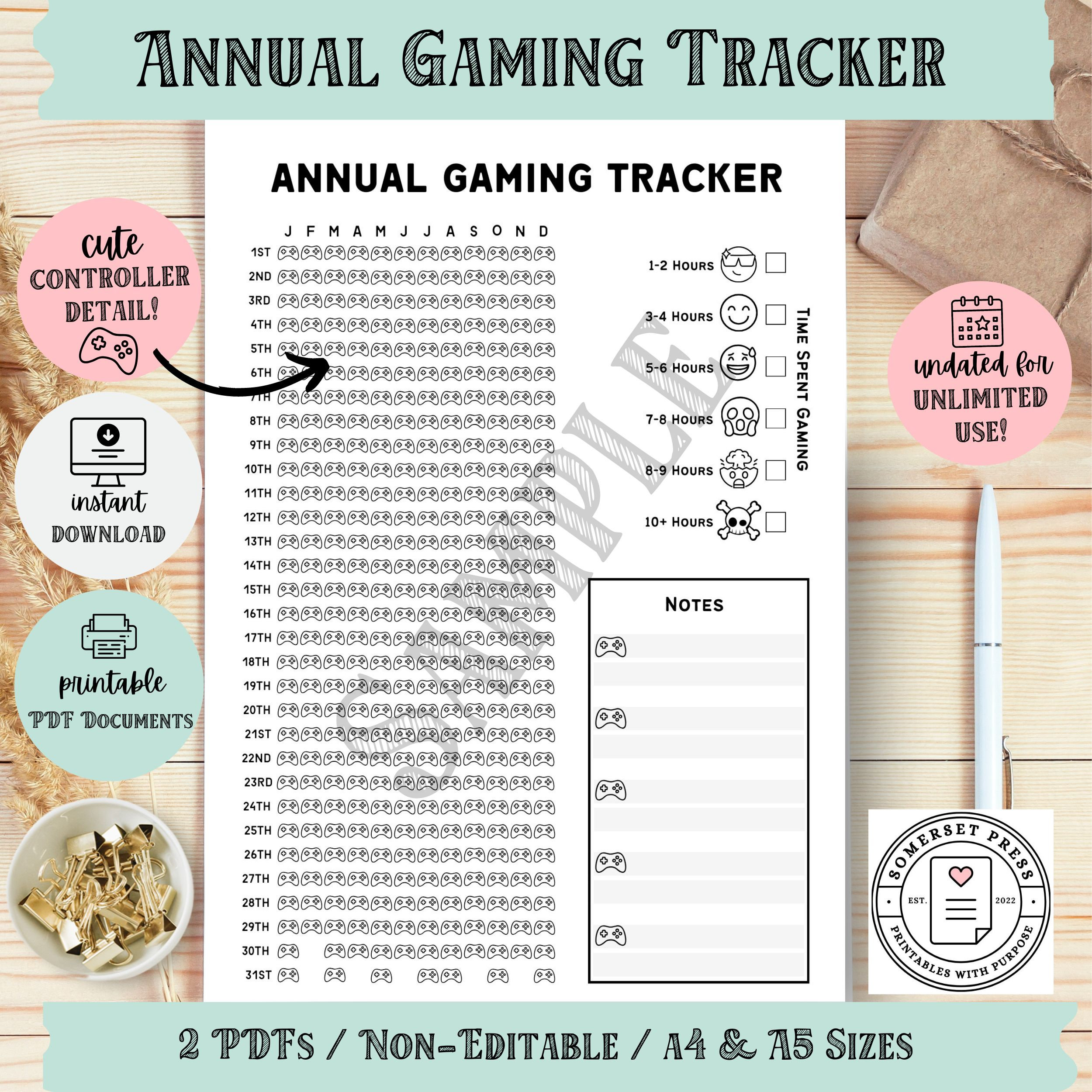 Annual Gaming Tracker Video Game Habit Tracker Printable Planner Yearly ...