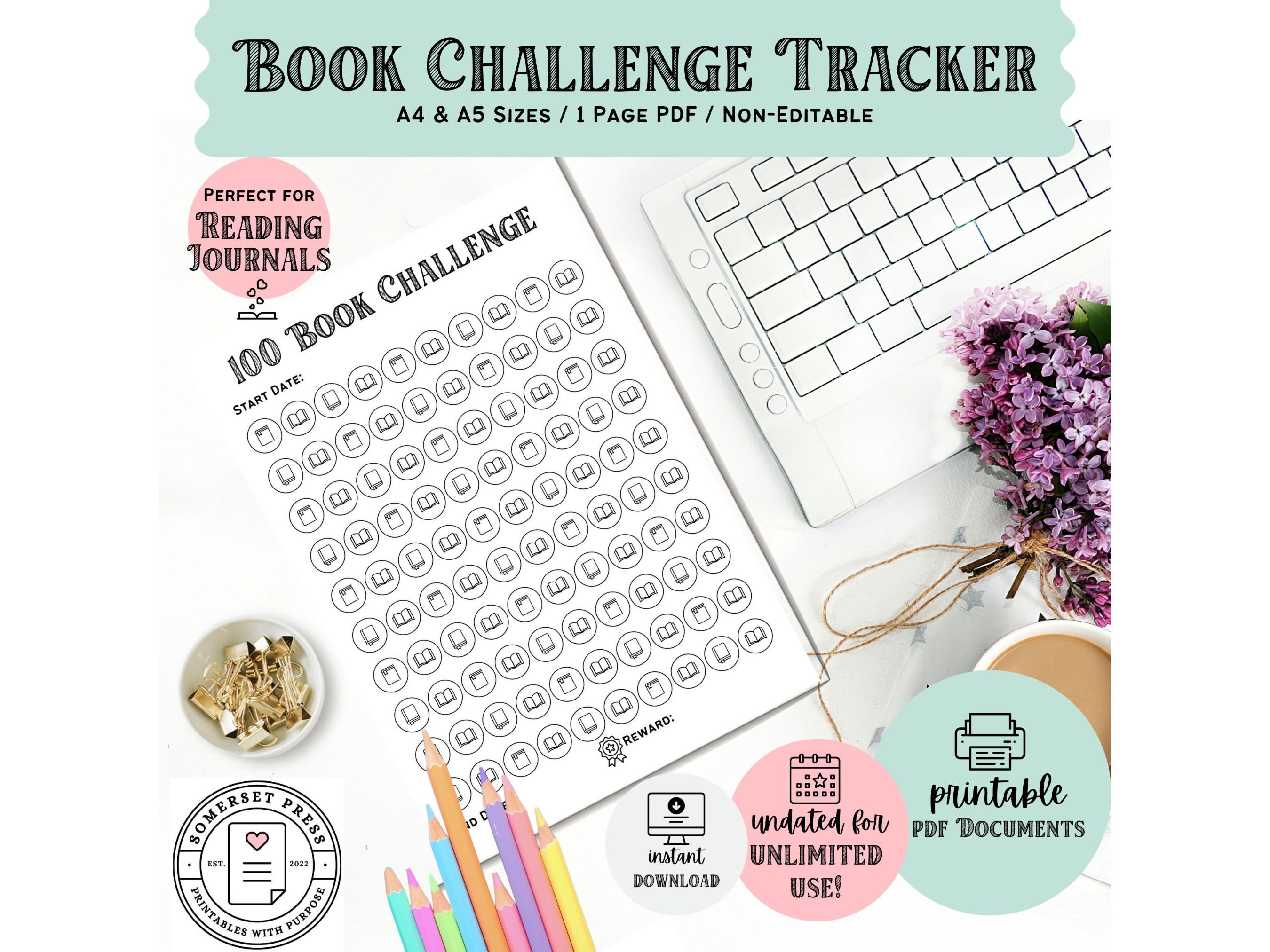 Book Challenge Tracker Printable Reading Journal Habit Tracker Book Log ...