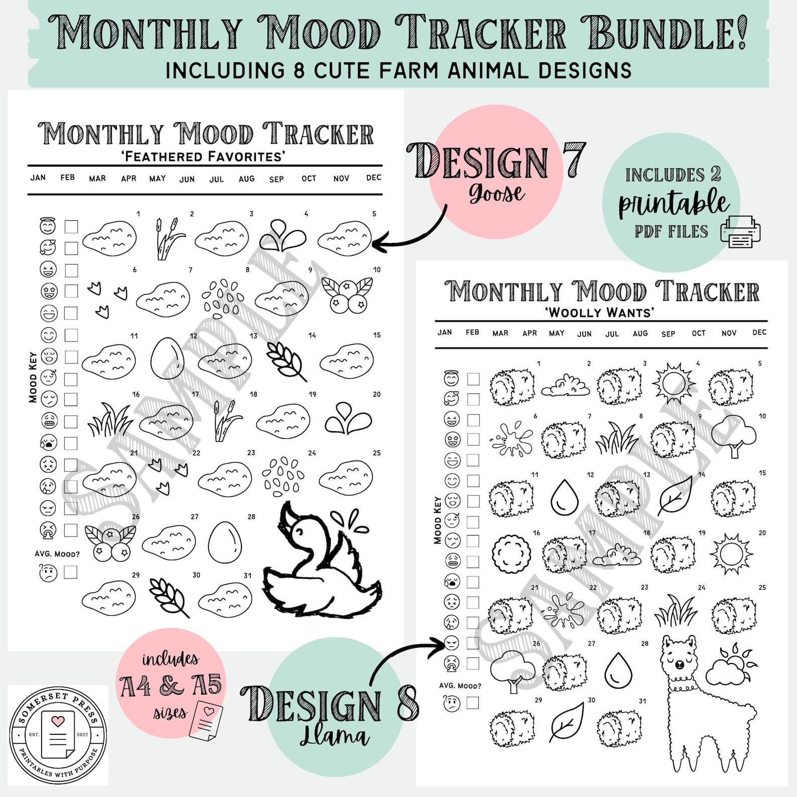 Cute Monthly Mood Tracker Printable Bujo Feelings Chart Undated Planner ...