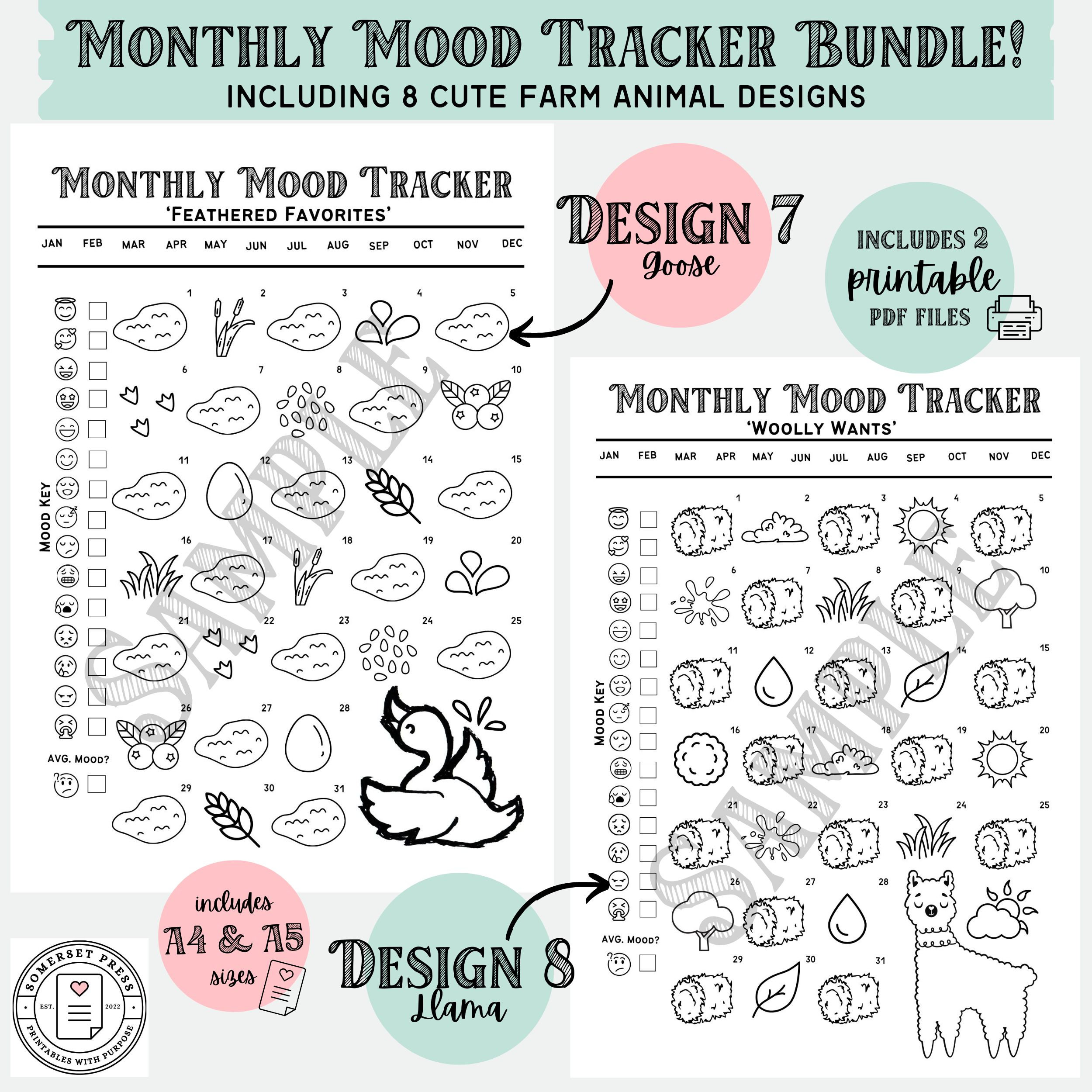Cute Monthly Mood Tracker Printable Bujo Feelings Chart Undated Planner ...
