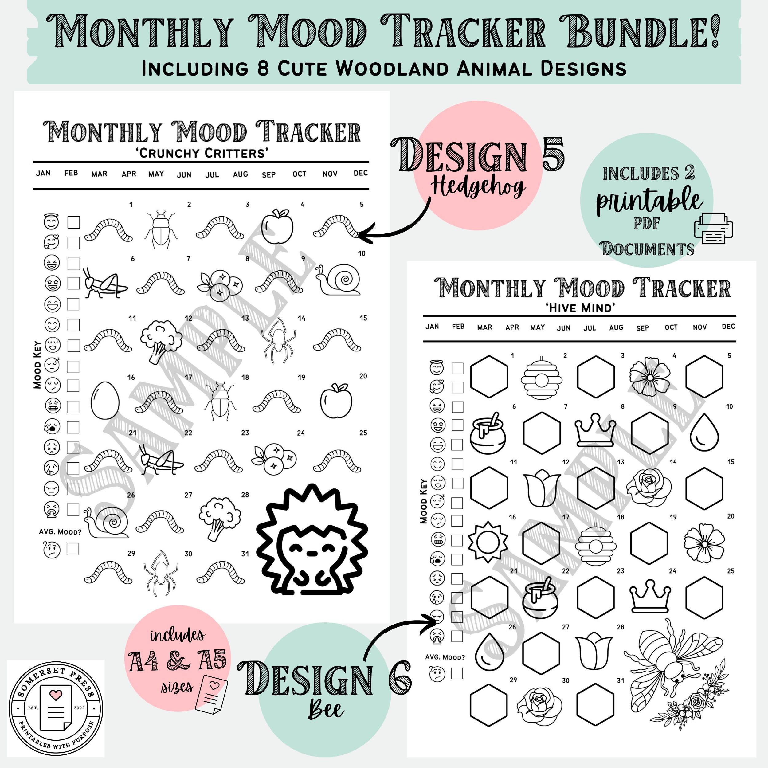 Cute Monthly Mood Tracker Printable Bujo Feelings Chart Undated Planner ...